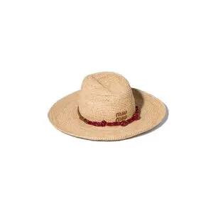Miu Miu Raffia Panama Hat With Leather Trim - Beige/burgundy
