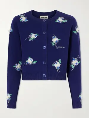 SHUSHU/TONG Cropped Embroidered Wool Cardigan - Blue