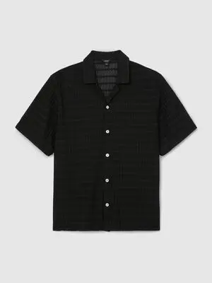 REISS Sid Chevron-crochet Cuban-collar Shirt - Black