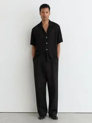 REISS Sid Chevron-crochet Cuban-collar Shirt - Black