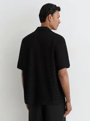 REISS Sid Chevron-crochet Cuban-collar Shirt - Black