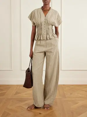 CORTANA Camila Pleated Striped Linen Wide-leg Pants - Green