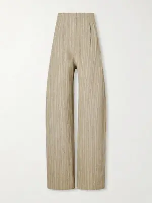 CORTANA Camila Pleated Striped Linen Wide-leg Pants - Green