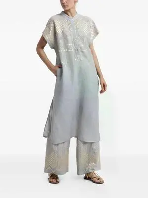 Greek Archaic Kori Embroidered Mandarin-collar Dress - Grey