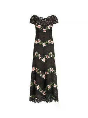 Oscar De La Renta Chiné Hibiscus Floral Lace Midi Dress