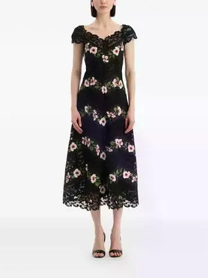 Oscar De La Renta Chiné Hibiscus Floral Lace Midi Dress