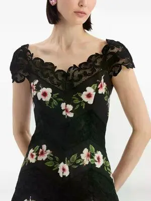 Oscar De La Renta Chiné Hibiscus Floral Lace Midi Dress
