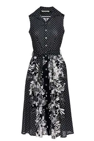 CONQUISTA Sleeveless Button Detail Print Dress - Black