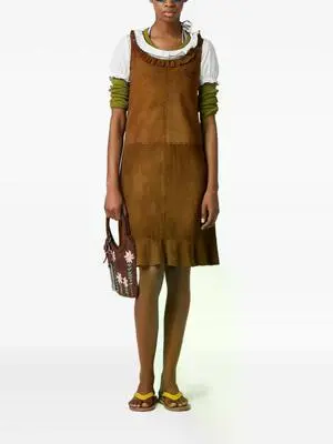 Miu Miu Waxed Suede Dress With Ruffled Accents - Brown