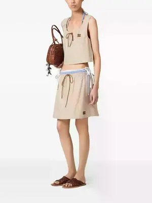 Miu Miu Panama Cotton Cropped Top With Leather Tie Detail - Neutrals