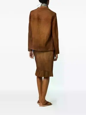 Miu Miu Waxed Suede Skirt With Ruffled Hem - Brown