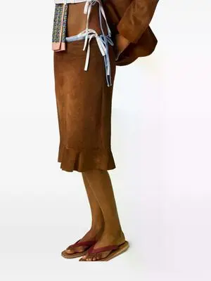 Miu Miu Waxed Suede Skirt With Ruffled Hem - Brown