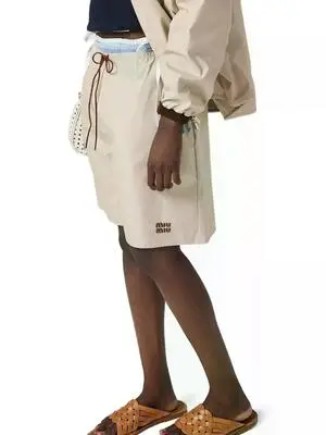 Miu Miu Panama Cotton Bermuda Shorts With Leather Tie Detail