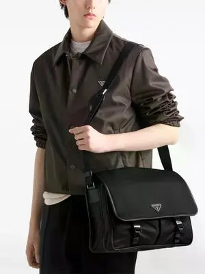 Prada Triangle Logo Buckled Shoulder Bag - Black