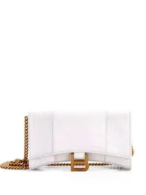 Balenciaga Hourglass Chain Wallet Crocodile Embossed Leather Clutch Bag - White