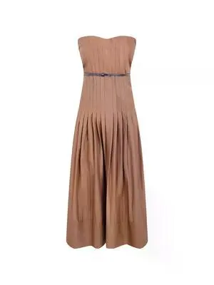 SEMICOUTURE Belted Strapless Sweetheart Neck Cotton Dress - Neutrals