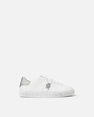Versace Greca Leather Sneakers With Medusa Hardware - White+silver