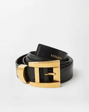 Versace Leather Belt With Gold Tone Buckle - Black