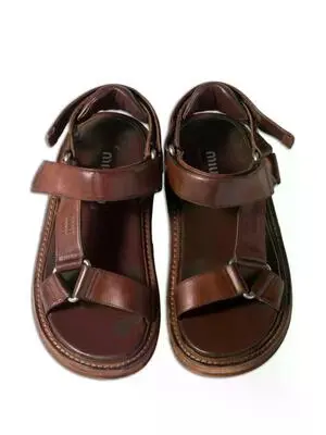Miu Miu Distressed Leather Logo Sandals - Brown