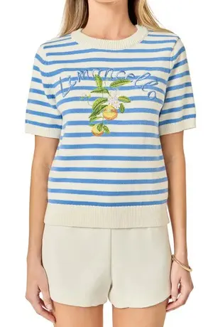 English Factory Lemoncello Stripe Short Sleeve Cotton Sweater