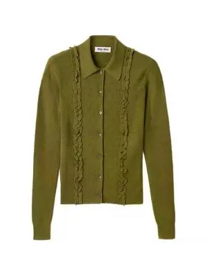 Miu Miu Cashmere And Silk Cardigan With Crochet And Ruffles - Green