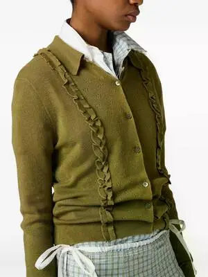Miu Miu Cashmere And Silk Cardigan With Crochet And Ruffles - Green