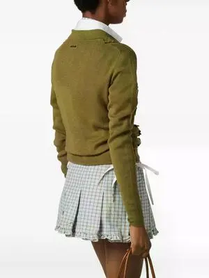Miu Miu Cashmere And Silk Cardigan With Crochet And Ruffles - Green
