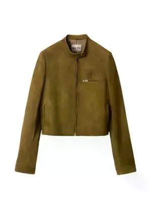 Miu Miu Waxed Suede Jacket With Logo Detail - Green