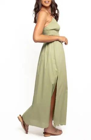 PETAL & PUP Smocked Cotton Maxi Sundress With Scoop Neck And Side Slit