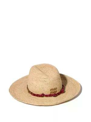 Miu Miu Raffia Sun Hat With Leather And Ribbon Details - Neutrals