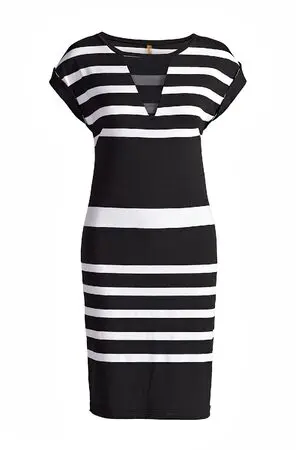 CONQUISTA Striped Dress With Sheer V-neckline Detail