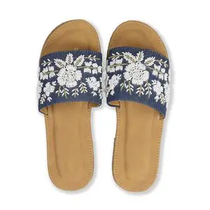 PODE Denim Handmade Floral Resort Slides With Waterproof Sole - Blue
