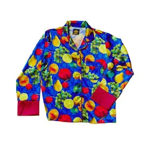 HOUSE OF CASWELL Mia Silk Shirt Printed Fruit Motif Long Sleeve - Blue