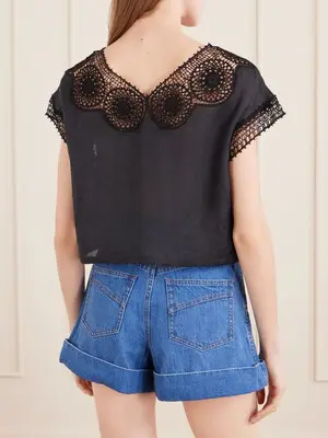NILI LOTAN Caila Crochet-trimmed Ramie Top - Black