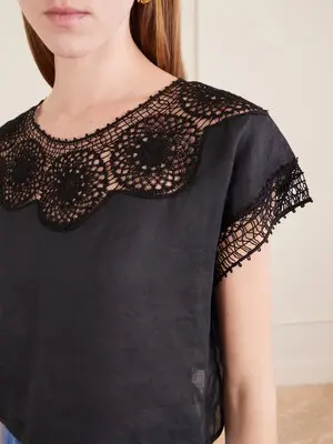 NILI LOTAN Caila Crochet-trimmed Ramie Top - Black