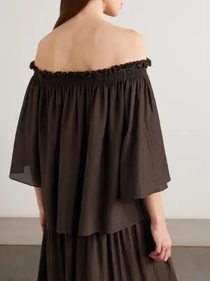 JOSEPH Emi Off-the-shoulder Shirred Seersucker Top