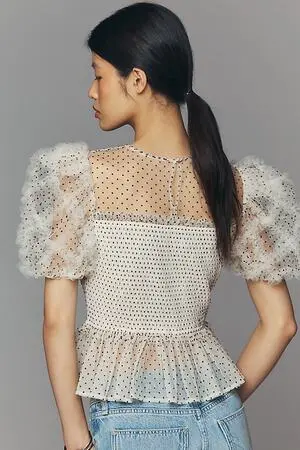 English Factory Sheer Puff-sleeve Polka Dot Top