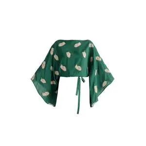 PAISIE Leaf Embroidered Kimono Sleeve Top - Green