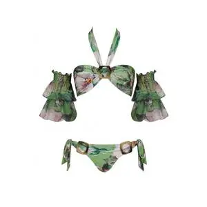 NUR KARAATA Floral Bikini Set With Ruffled Sleeves - Green