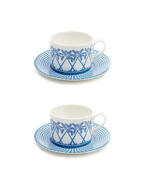 PINK HOUSE Fine Bone China Two Cups & Saucers Palms - Blue