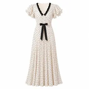 ROSE & NANCY Chloe Polka Dot Lace Detail Tie Waist Maxi Dress - White