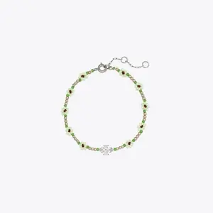 Tory Burch Beaded Flower Bracelet With Double T Charm - Mint
