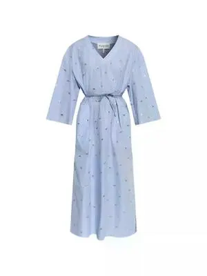 Munthe Byrus Stripe Pattern Bird Print Midi Dress