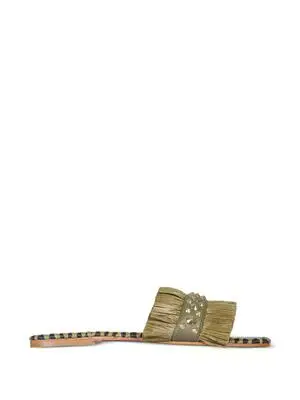 DE SIENA Patrician Stud-embellished Fringed Raffia-effect Sandals - Green