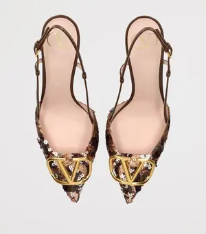 Valentino Garavani Sequin-embellished Vlogo Slingback Pumps - Brown