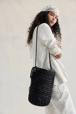 Free People Woven Bucket Bag With Drawstring Closure - Black