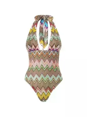 Missoni Missoni Zigzag-Knit Halterneck Swimsuit Neutrals