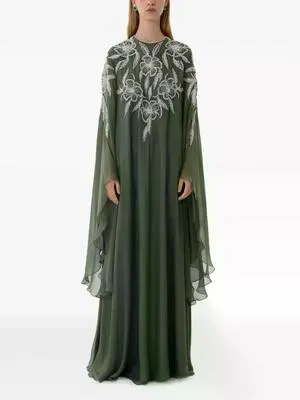 DINA MELWANI Floral Crystal-embellished Cape-sleeve Maxi Dress - Green