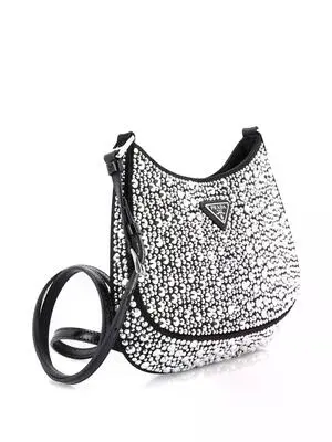 Prada Crystal Embellished Satin Shoulder Bag - Black