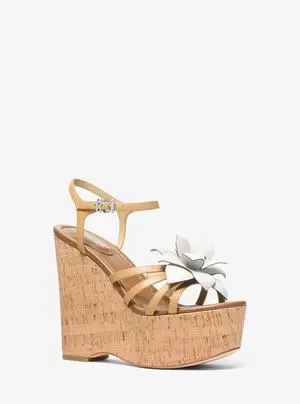 Michael Kors Jacie Floral Embellished Leather Wedge Sandal - Brown